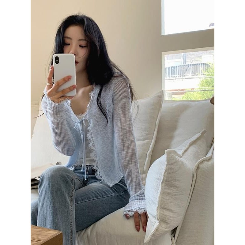 Codibook｜韓國 MORENNE 蝴蝶結花邊荷葉邊長版針織外套[預購]針織外套 女裝 | 蝦皮購物