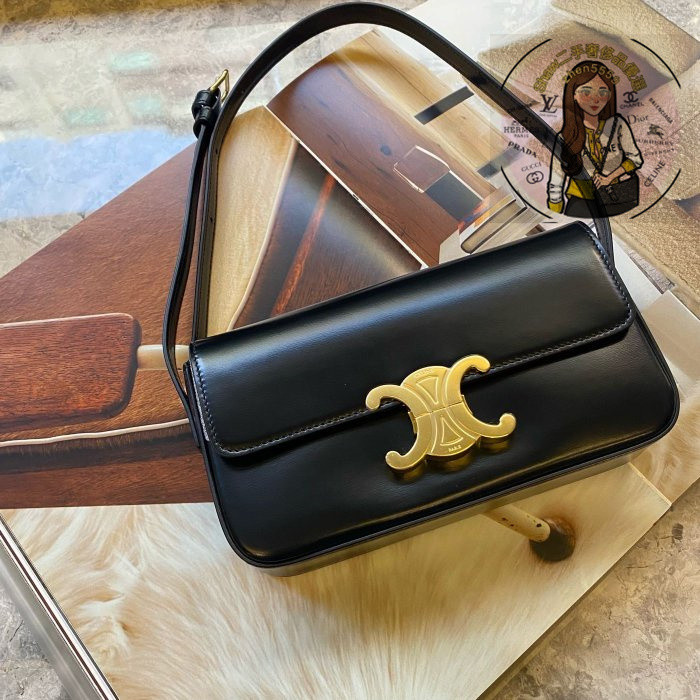 Shaw二手 Celine TRIOMPHE 黑色 亮澤 牛皮 凱旋門 金釦 肩背 腋下包194143 現貨 | 蝦皮購物