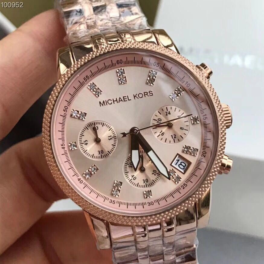 MICHAEL KORS 女錶 MK手錶 晶燦亮麗玫瑰金點綴三眼腕錶 MK6077 三眼日曆石英腕錶 | 蝦皮購物