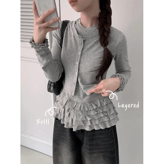 Codibook｜韓國 thepink 褶邊分層長版開襟針織外套[預購]針織外套 女裝 | 蝦皮購物