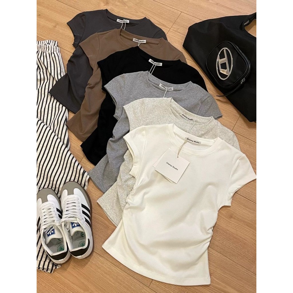 【小宅妹】100%純棉240G重磅日系褶皺短款T恤女夏季白色小清新上衣ins 純棉T恤女 短袖女生 短版上衣 韓版T恤 | 蝦皮購物