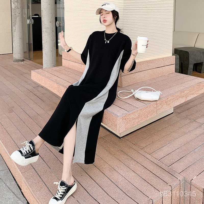 夏季新款胖mm2-300斤寬鬆短袖拚接連衣裙大碼顯瘦過膝T恤中長裙女 女裝 裙子女 夏季長裙 T恤長裙女 遮肚子開叉長裙 | 蝦皮購物