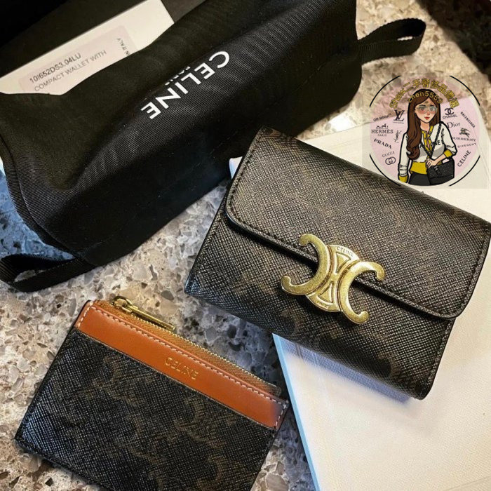 Shaw二手 CELINE TRIOMPHE 老花 凱旋門 帆布 活動 零錢袋 釦式 三折 短夾 現貨 | 蝦皮購物