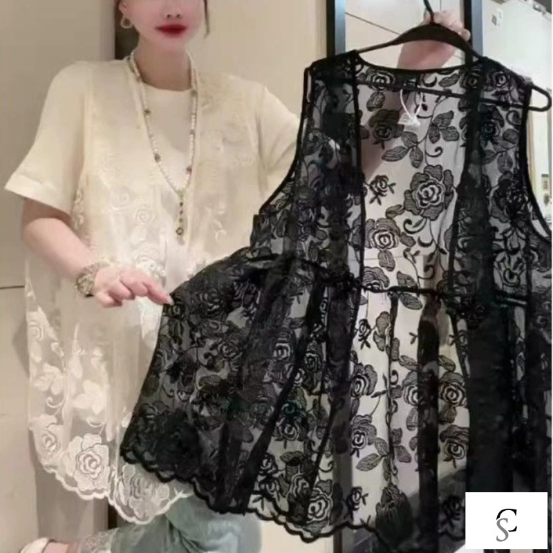 【XL-8XL大尺碼】👩女西裝背心 背心 真口袋 開襟背心大碼300斤胖妹妹mm歐貨提花歐根紗蕾絲馬甲女夏疊穿外搭無袖 | 蝦皮購物