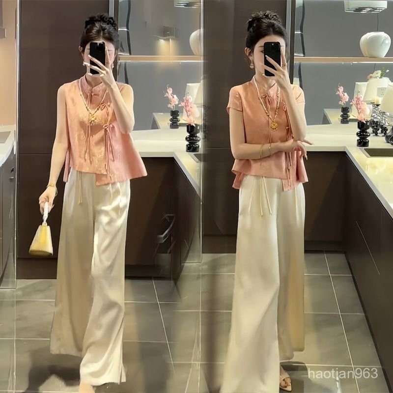 【時尚穿搭】臺灣發貨新中式國風提花套裝25夏季新款女裝複古盤扣上衣闊腿褲子兩件套0925 EHKG | 蝦皮購物