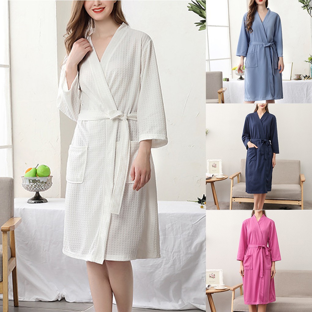 Women Water Absorption Bath Robe Solid Waffle Bathrobe Spa H | 蝦皮購物
