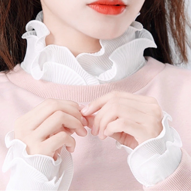 Trendy White Fake Collar Cuffs Fashion Elegant Chiffon Ruffl | 蝦皮購物