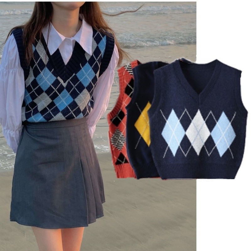 Women V-neck Contrast Casual Knitted Vests | 蝦皮購物