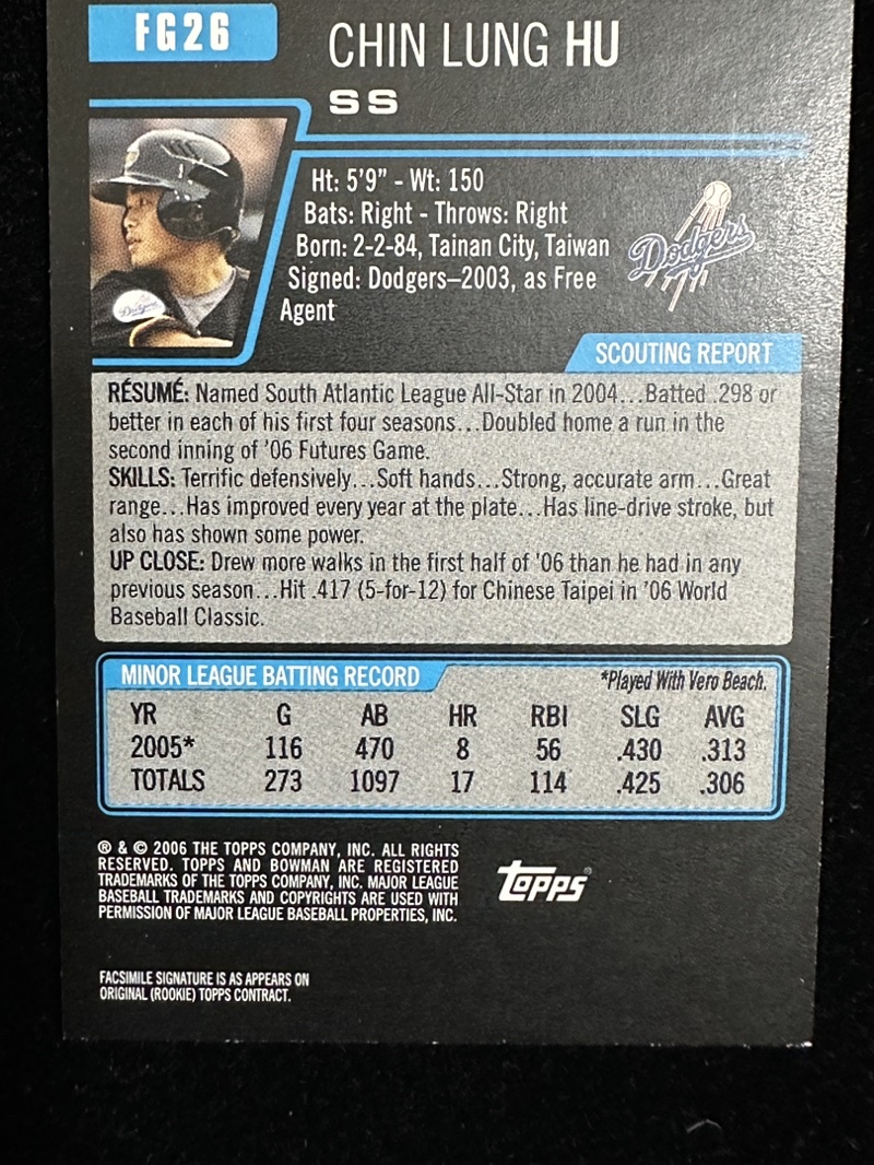 MLB 道奇隊 胡金龍 未來之星 世界隊簽名卡BOWMAN 賣場最便宜 （非CPBL 統一獅、NBA)市面上極稀少 | 蝦皮購物