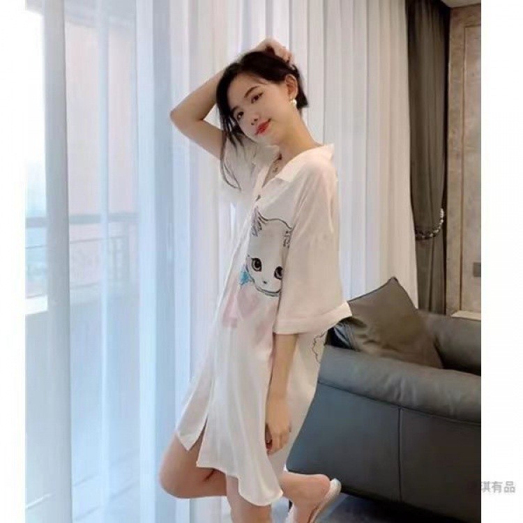 【YW】襯衫睡裙 女生睡衣 冰絲睡衣 新款絲綢短袖睡衣 長款寬鬆睡衣 大碼胖mm睡衣 小性感居家服 襯衫睡衣 4XL | 蝦皮購物