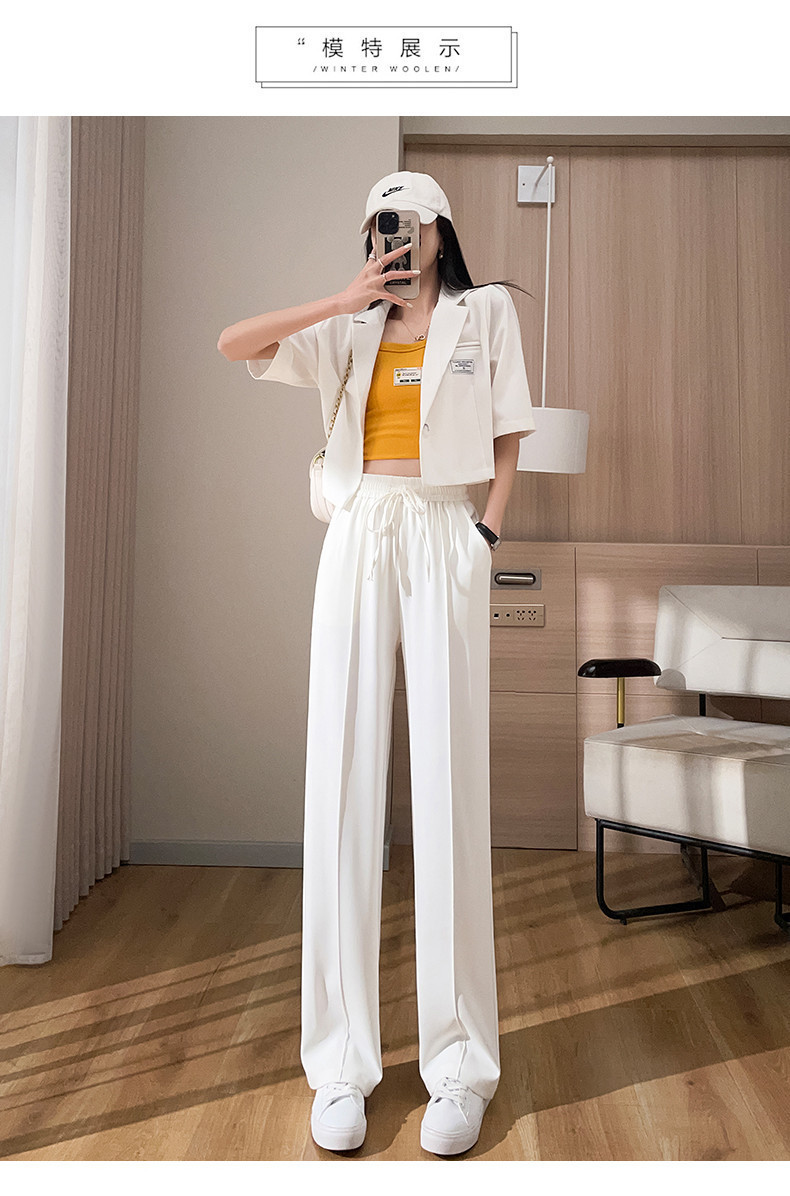 Miguo_冰絲闊腿褲 黑白雙色 S-5XL 春夏薄款 高腰垂感休閒直筒雪紡西裝褲 鬆緊腰 抽繩綁帶設計_9333 | 蝦皮購物