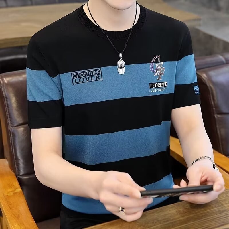 M-5XL 條紋短袖 條紋T恤 修身T恤 上衣 拚接T恤 圓領短袖 修身短T 男生T恤 圓領短t 短袖男 T恤男 T恤 | 蝦皮購物