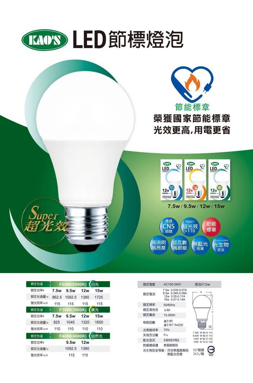 (A Light)附發票 節能標章 高氏 KAOS LED 7.5W 9.5W 12W 15W 燈泡 通過台灣CNS認證 | 蝦皮購物