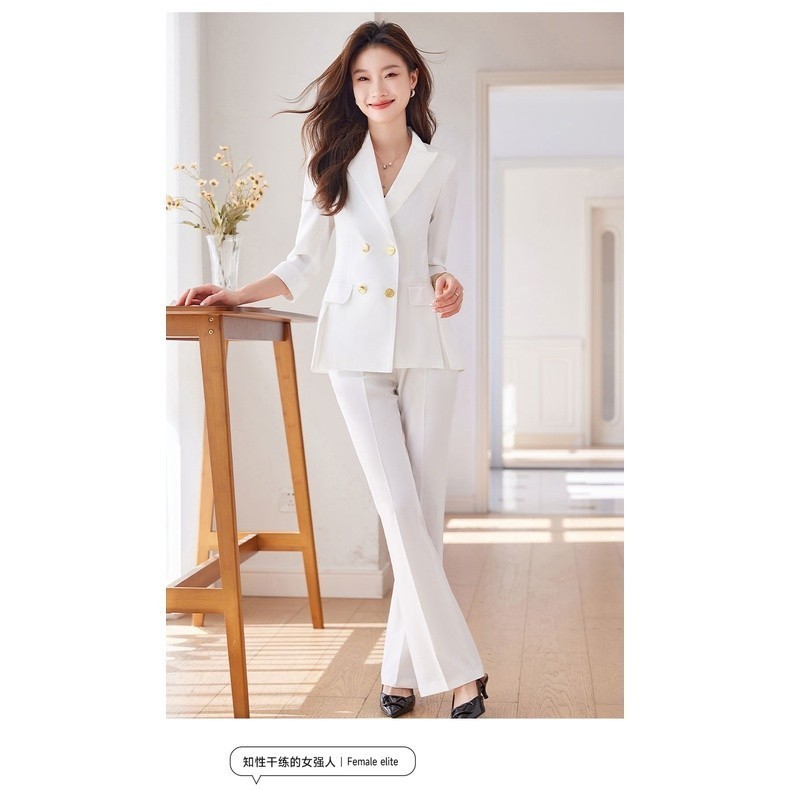 【Miguo小米果】高級感雙排扣七分袖西服套裝女 職場工作服 新款氣質OL西裝套褲 S-4XL 3色_55647 | 蝦皮購物