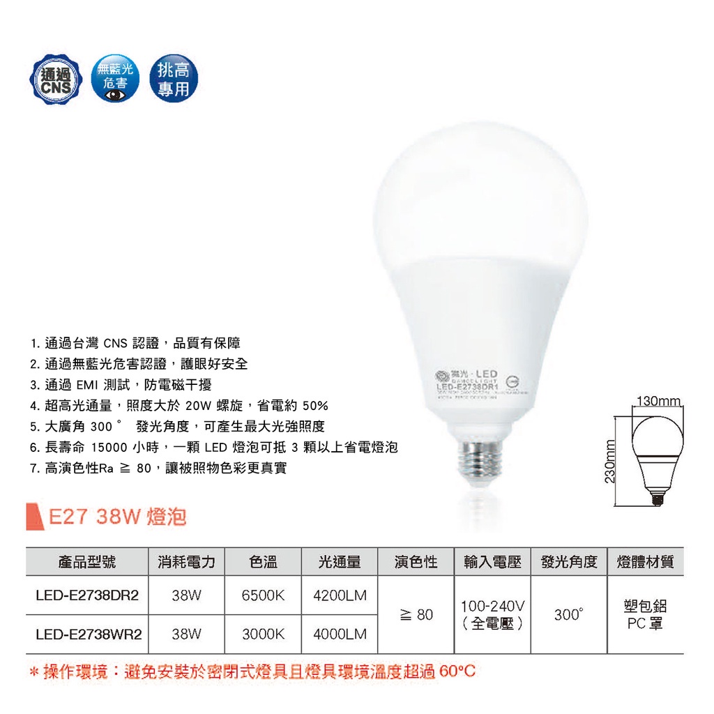 【築光坊】 舞光 38W LED 4000K 自然光 3000K 暖白光 6500K 白光 球泡 E27 燈泡 店面 | 蝦皮購物