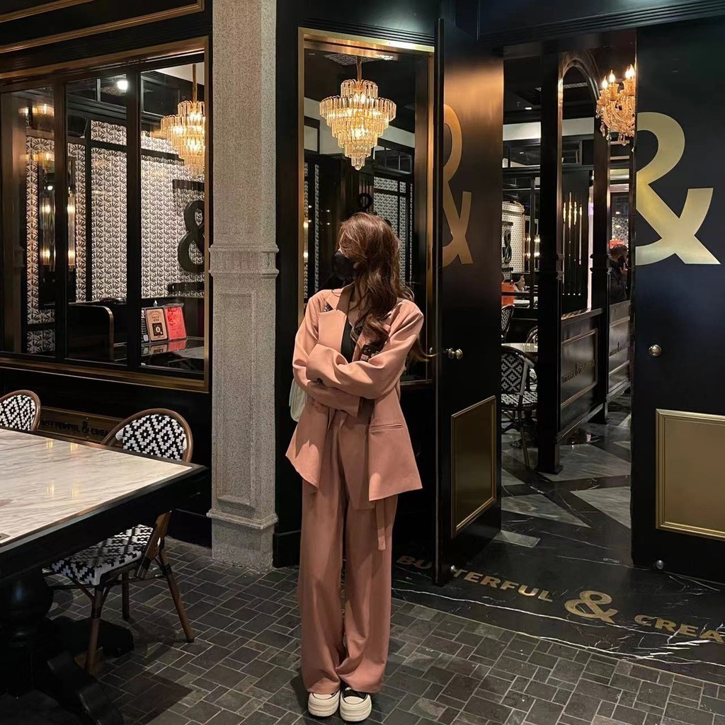 【Miguo小米果】高級感氣質寬鬆西裝套裝女 粉色廓形西裝配闊腿褲套裝 春秋新款大尺碼女裝 3色 S-XL 兩件式套裝 | 蝦皮購物