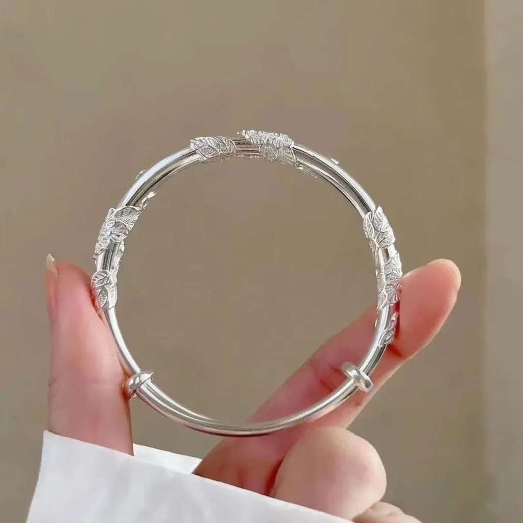 【台灣最低價格】正品9999純銀手鐲實心繁花推拉足銀鐲子情人節送女友閨蜜禮物媽媽 | 蝦皮購物