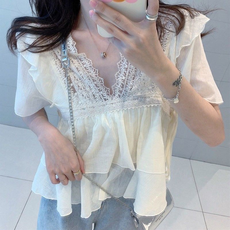 【M-5XL大尺碼】大尺碼短袖 蕾絲雪紡衫 胖mm設計感蕾絲雪紡襯衫女加大碼襯衣夏季遮肚子上衣300斤ins潮 | 蝦皮購物