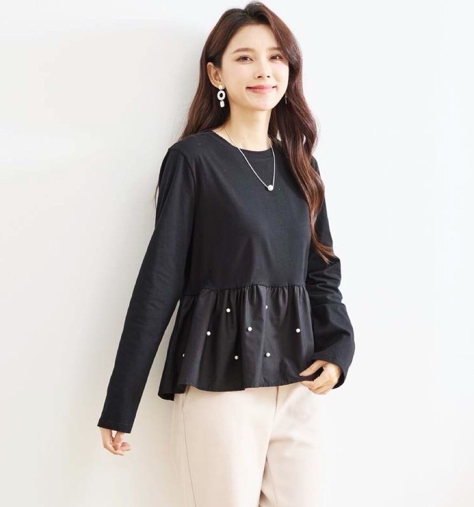 [現貨+免運]KD 韓版 韓系 珍珠點綴拼接長袖上衣 優雅氣質 百搭實穿 | 蝦皮購物
