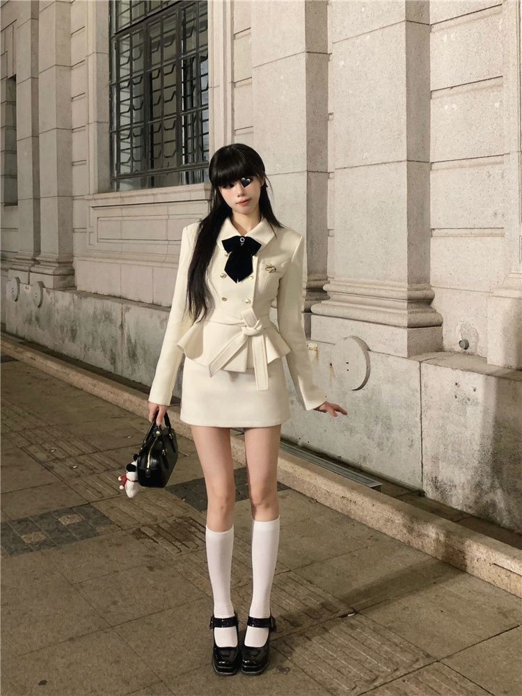 蝴蝶結法式韆金顯瘦氣質外套高腰半身裙兩件套女秋冬季新款套裝潮I22 | 蝦皮購物