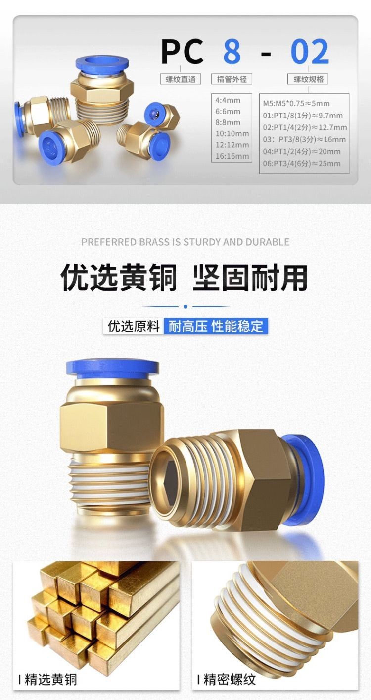 【1710人收藏】氣管接頭快速接頭氣源PC8-02螺紋直通PC 10-03/12/6/4/M5氣動快插 | 蝦皮購物