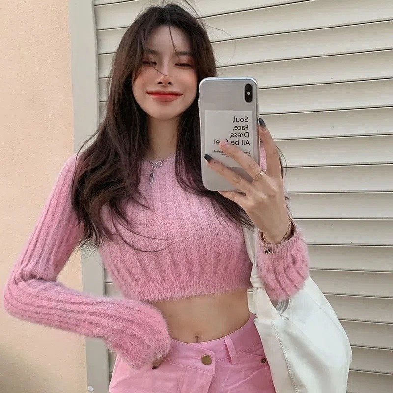 性感坑條短版上衣【3CX13】PAPI女裝批發價秋冬新款韓系INS修身顯瘦氣質網紅圓領長袖透膚上衣 針織衫 針織上衣女 | 蝦皮購物