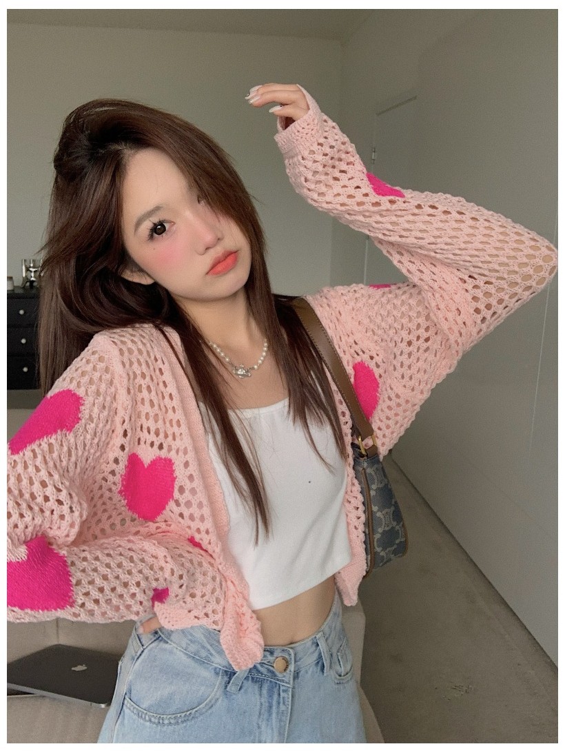 愛心鏤空針織外套【102】PAPI女裝批發價春夏新款韓系INS休閒百搭設計感甜美可愛長袖刺繡防曬開衫外套 | 蝦皮購物