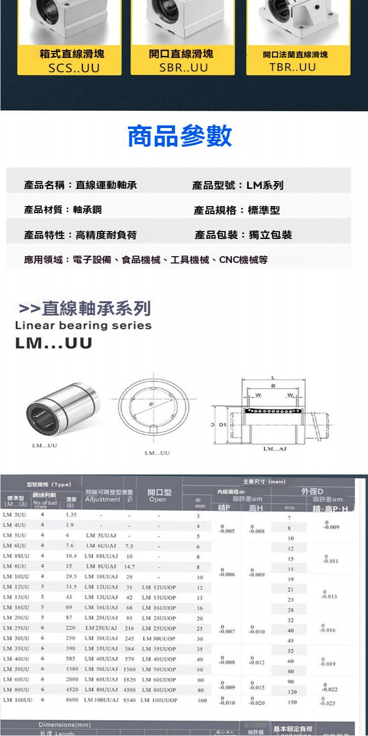 直線運動軸承LM3 4 5 6 8 10 12 16 20 25 30 35 40 50 60UU/平面 | 蝦皮購物