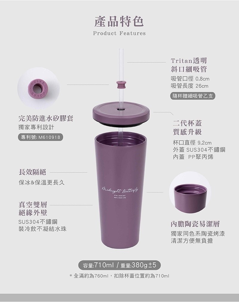 【Oolab 良杯製所】小莊園系列陶瓷易潔層吸管杯(二代) 710ml (7色) 保溫 保冷 水杯 水壺 手搖 | 蝦皮購物