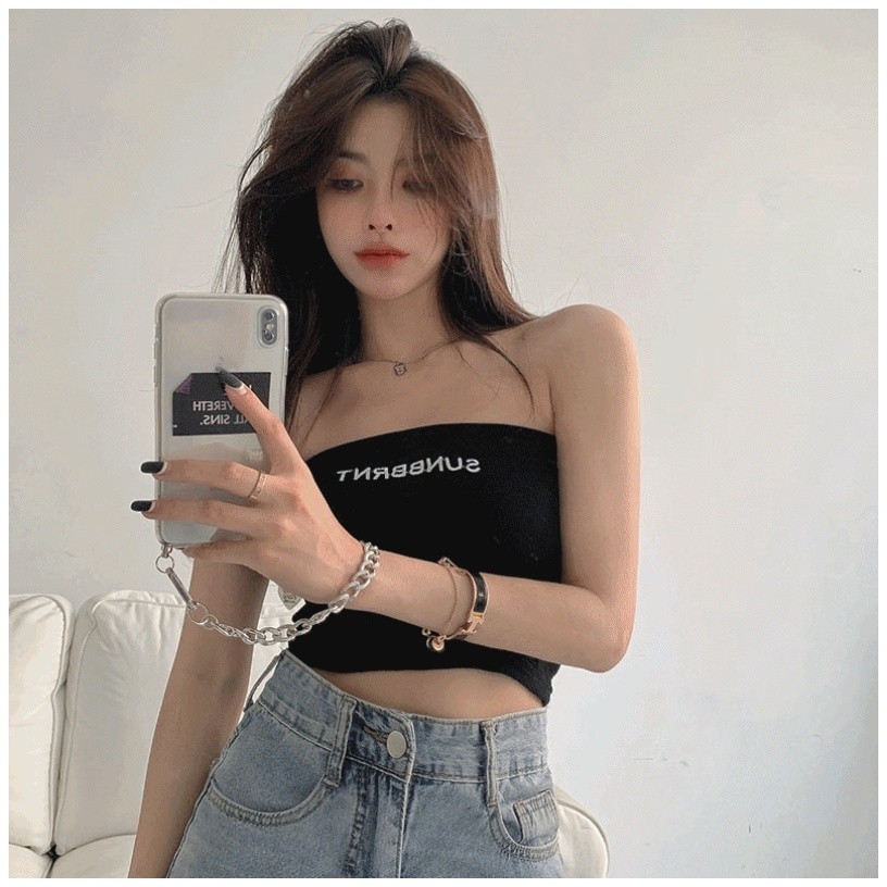 【PAPI】平口刺繡小可愛 春夏新款韓系INS性感貼身氣質辣妹露肩短版背心 抹胸 裹胸 平口背心【1718】 | 蝦皮購物