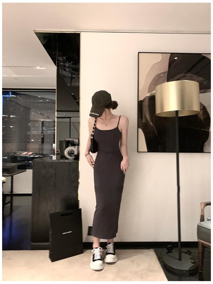 後開衩肩可調長洋【216】PAPI女裝批發價春夏新款韓系INS修身顯瘦無袖細肩帶連衣裙 吊帶連身洋 包臀洋過膝長洋裝 | 蝦皮購物