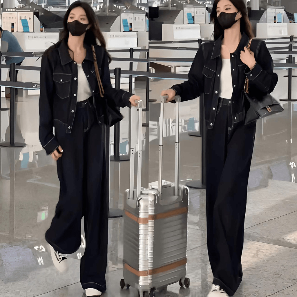 港風複古牛仔套裝女春秋新款高級感時尚外套顯瘦直筒褲兩件套 | 蝦皮購物