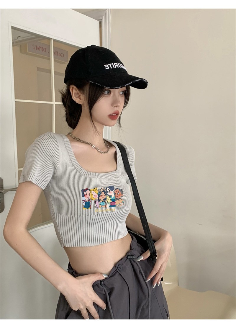 公主針織短版上衣【93852】PAPI女裝批發價春夏新款韓系INS修身顯瘦氣質純欲方領短袖卡通撞色針織衫 針織上衣 | 蝦皮購物