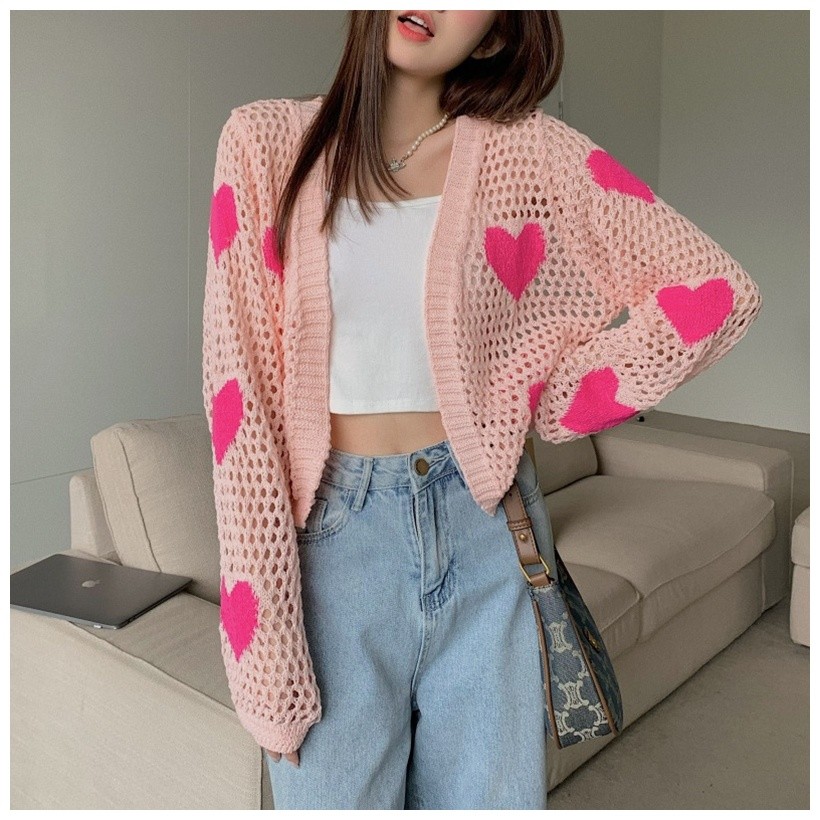 愛心鏤空針織外套【102】PAPI女裝批發價春夏新款韓系INS休閒百搭設計感甜美可愛長袖刺繡防曬開衫外套 | 蝦皮購物