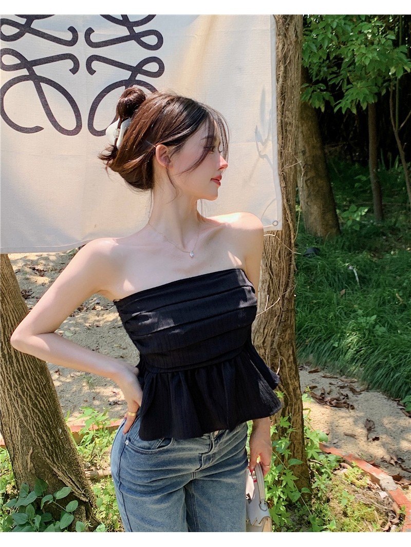 平口荷葉短版上衣【107】PAPI女裝批發價春夏新款韓系INS修身顯瘦氣質純欲辣妹無袖露肩上衣 短版上衣 抹胸 | 蝦皮購物