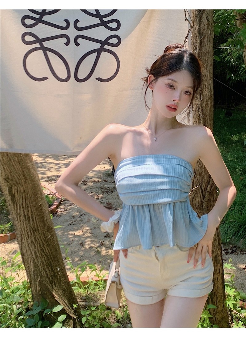 【PAPI】平口荷葉短版上衣 女裝批發價春夏新款韓系INS修身顯瘦氣質純欲辣妹無袖露肩上衣 短版上衣 抹胸【107】 | 蝦皮購物