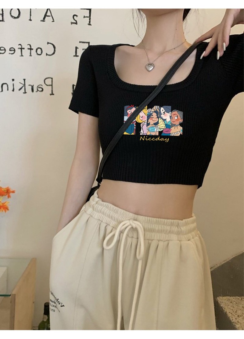 公主針織短版上衣【93852】PAPI女裝批發價春夏新款韓系INS修身顯瘦氣質純欲方領短袖卡通撞色針織衫 針織上衣 | 蝦皮購物