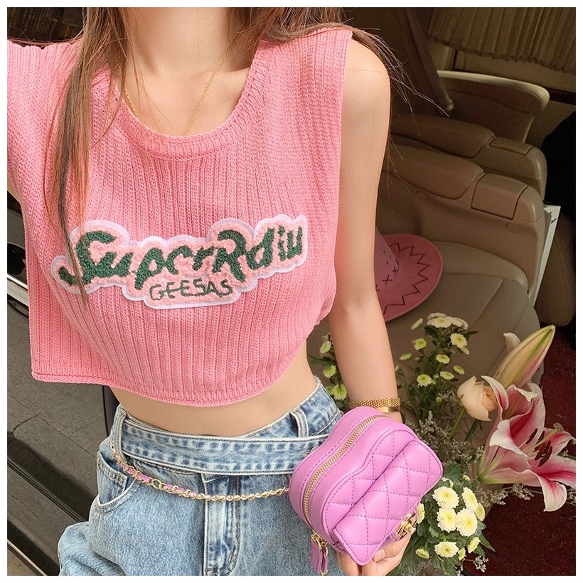 【PAPI】糖果色英文字背心 春夏新款韓系INS休閒百搭圓領無袖字母針織背心 短版上衣 吊帶背心【2269】 | 蝦皮購物