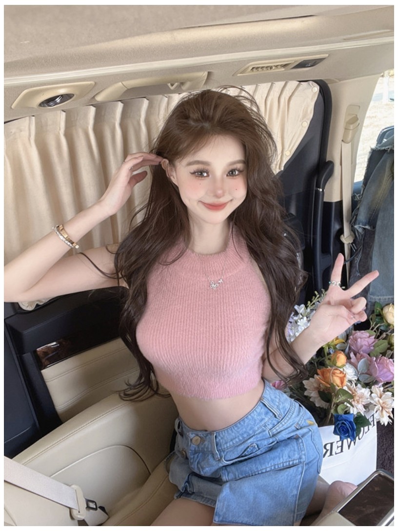 削肩薄毛掛脖背心【28081】PAPI女裝批發價秋冬新款韓系INS休閒百搭氣質露肩無袖繞頸繞脖針織坑條短版背心小背心 | 蝦皮購物