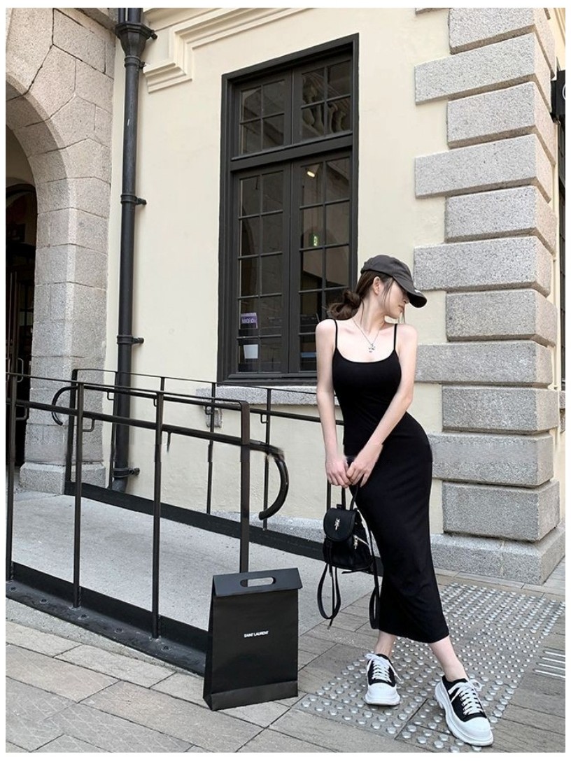 後開衩肩可調長洋【216】PAPI女裝批發價春夏新款韓系INS修身顯瘦無袖細肩帶連衣裙 吊帶連身洋 包臀洋過膝長洋裝 | 蝦皮購物