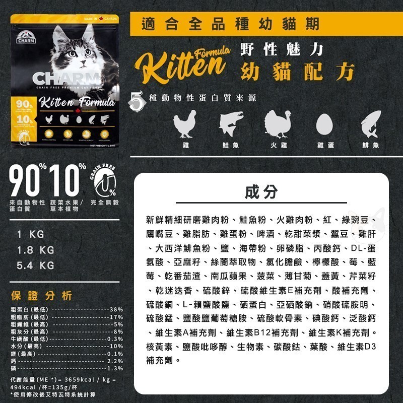 【憶馨寵物百貨】CHARM 野性魅力 90%動物性蛋白丨幼貓/成貓/海陸 1KG/1.8KG/5.4KG∣貓糧【免運】 | 蝦皮購物