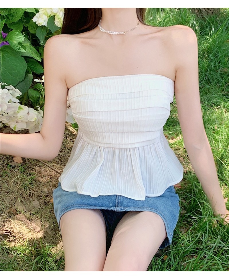 平口荷葉短版上衣【107】PAPI女裝批發價春夏新款韓系INS修身顯瘦氣質純欲辣妹無袖露肩上衣 短版上衣 抹胸 | 蝦皮購物