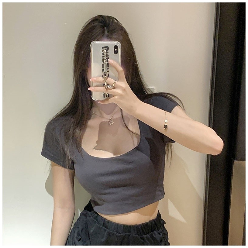 方領低胸合身衣【239】PAPI女裝批發價春夏新款韓系INS性感貼身氣質辣妹短袖短版黑色打底上衣 大奶T 合身T | 蝦皮購物