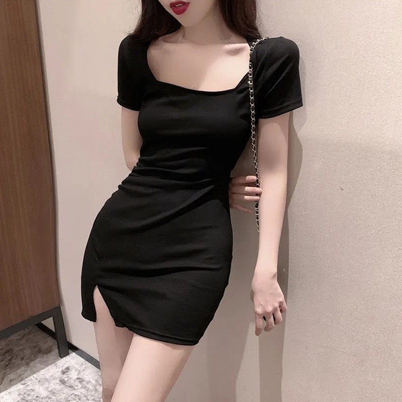 方領A字開岔短洋【3369】PAPI 春夏新款性感貼身韓系INS夜店短版連衣裙開岔洋裝 U領包臀洋 短袖小洋裝 短洋裝 | 蝦皮購物