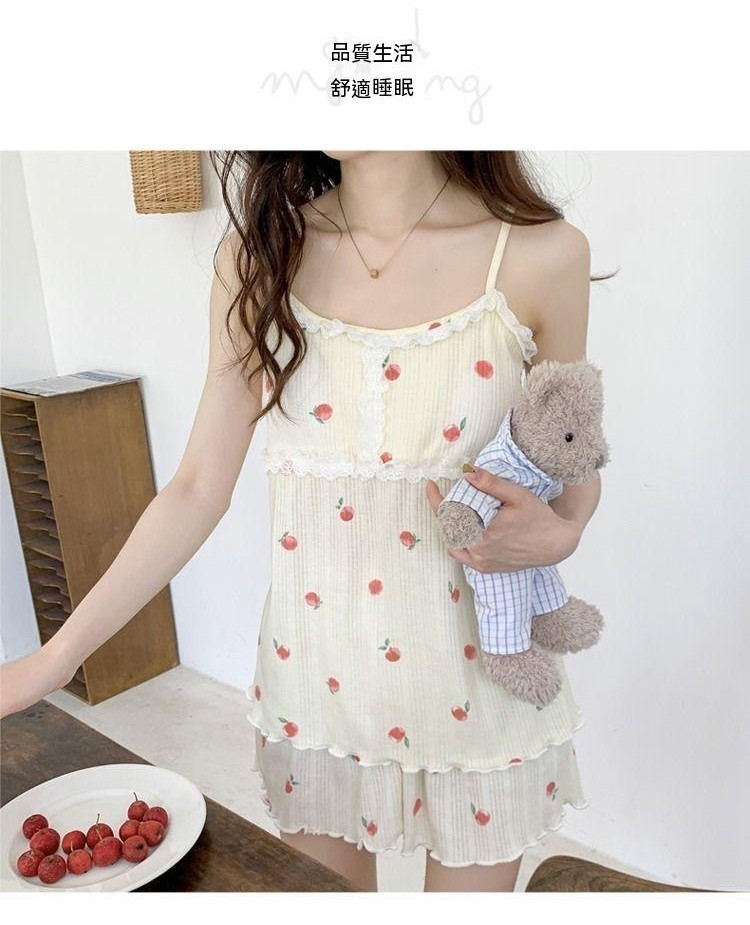Moons⭐48H台灣出貨⭐可愛小熊ins風細肩帶睡衣 帶胸墊睡衣 睡衣女 甜系吊帶睡衣套裝 無袖睡衣 短褲睡衣可愛睡衣 | 蝦皮購物