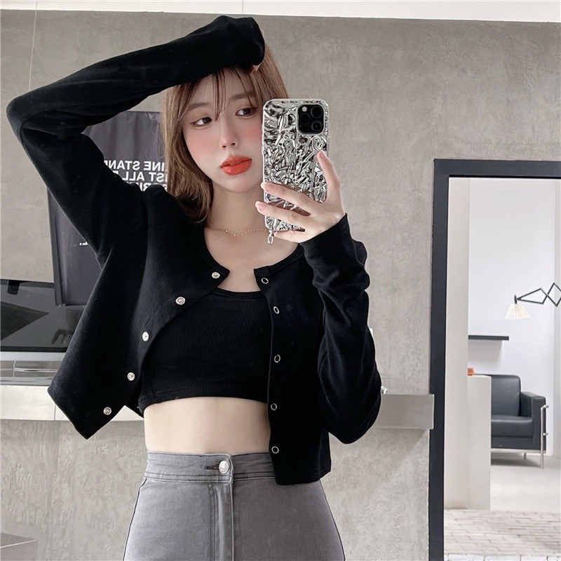 吊帶胸墊開襟兩件套【91371】PAPI女裝批發 秋冬新款韓系INS修身顯瘦氣質辣妹開衫長袖上衣 短版背心 兩件式上衣 | 蝦皮購物