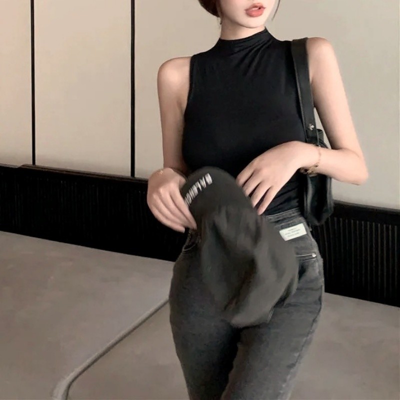 無袖乳膠一體杯背心【589】PAPI 春夏新款性感貼身韓系INS氣質立領合身大奶背心 打底上衣 短版上衣 高領背心女 | 蝦皮購物