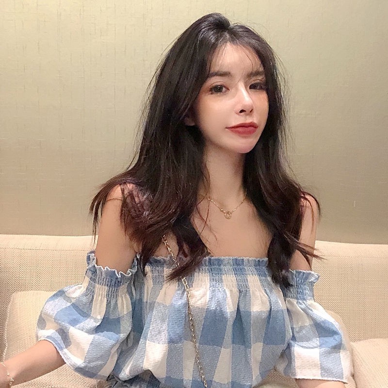 【PAPI】斷袖露肩格子上衣 春夏韓系INS修身顯瘦氣質短袖撞色平口上衣 格紋上衣 短版上衣 一字領上衣女【2061】 | 蝦皮購物