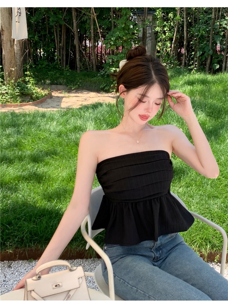 平口荷葉短版上衣【107】PAPI女裝批發價春夏新款韓系INS修身顯瘦氣質純欲辣妹無袖露肩上衣 短版上衣 抹胸 | 蝦皮購物