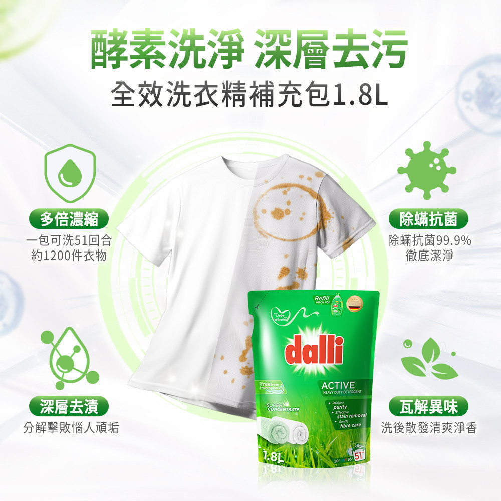【dalli達麗】全效超濃縮酵素洗衣精補充包1.8L 除菌抗螨 去漬 除味 洗衣凝露 除臭 抗菌 (2入/6入) | 蝦皮購物